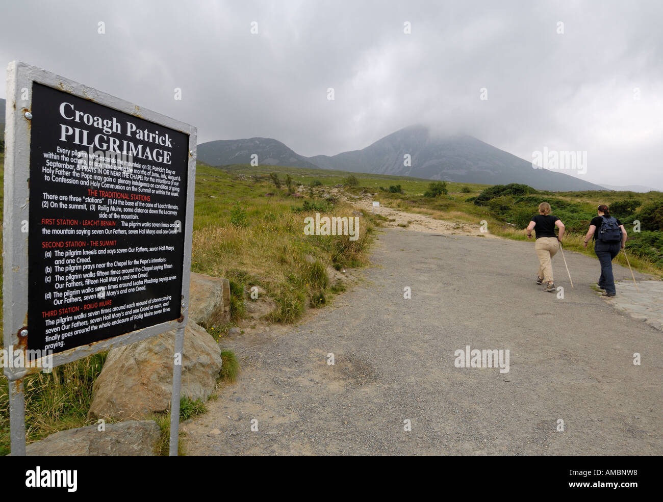 Notice at the base of Croagh Patrick mountain detailling the rituals a ...