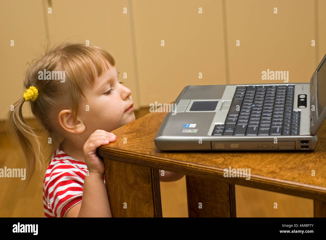 Little girl reaching out and looking to the laptop or notebook that ...