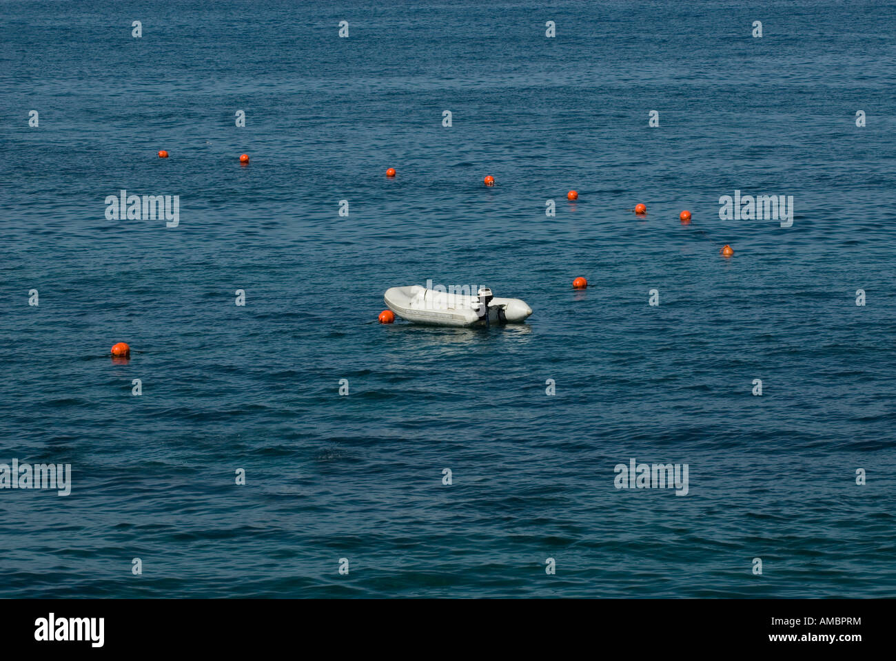 Inflatable chase boat dinghy tied to a Buoy Stock Photo - Alamy