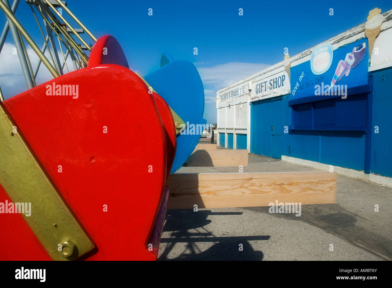 Closed down beach cafe shop and swings Saltburn Cleveland Stock Photo ...