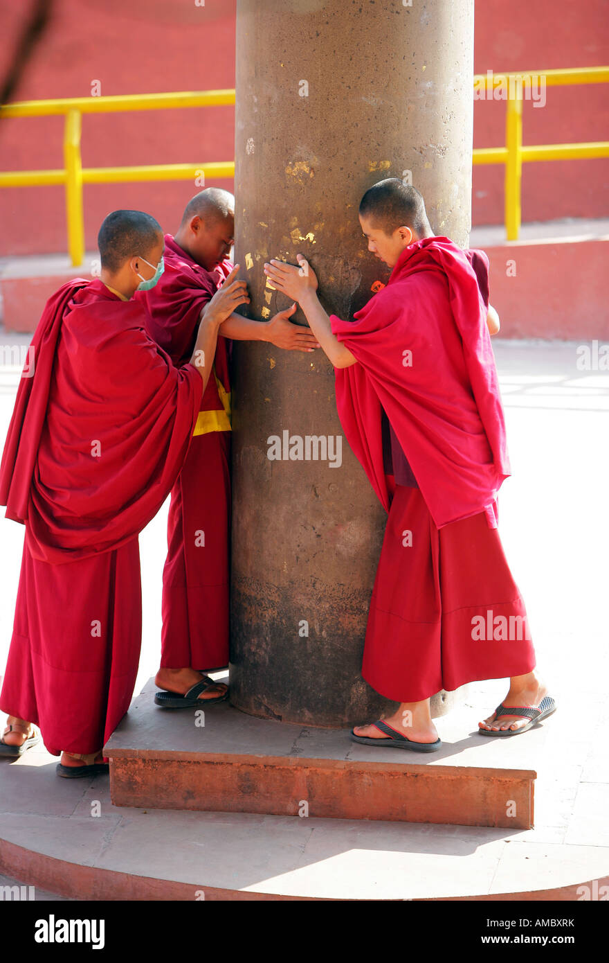 India, Bodhgaya: buddhist monks circle the pilar at the Mahabodhi ...