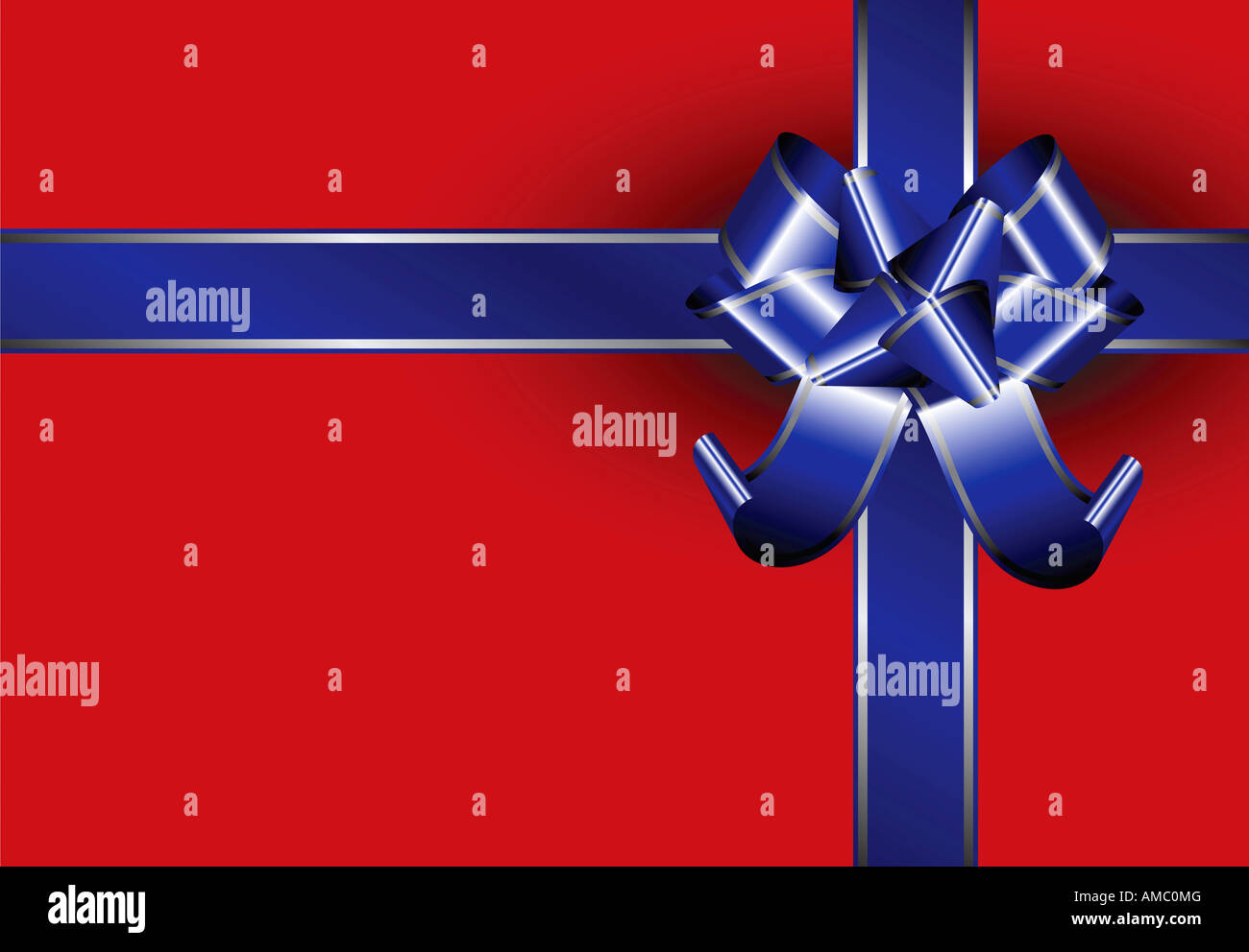 Blue ribbon with silver lines on a red package Stock Photo - Alamy