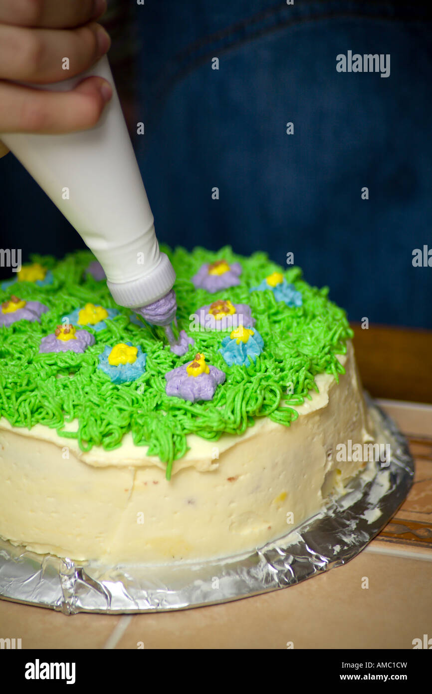 Cake being decorated by a youth learning how Stock Photo - Alamy