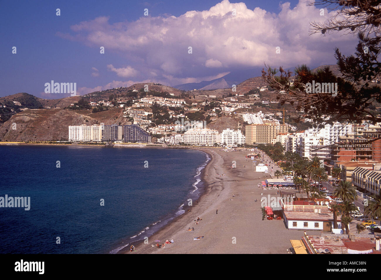 View of the beach at the resort of Almunecar on the Costa Tropical ...