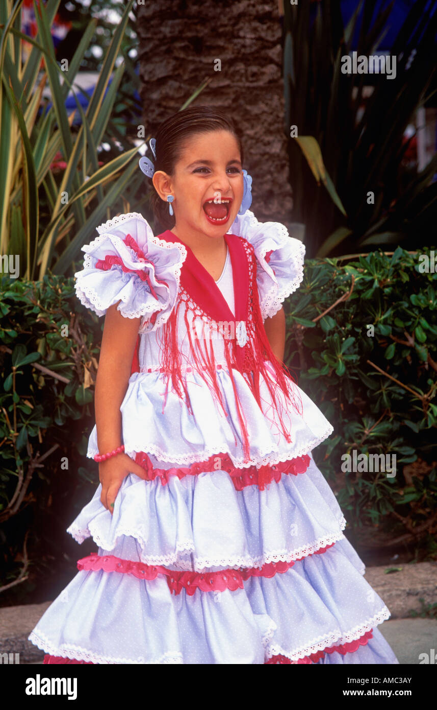 Girl in traditional Spanish costume worn at a typical fiesta in the ...