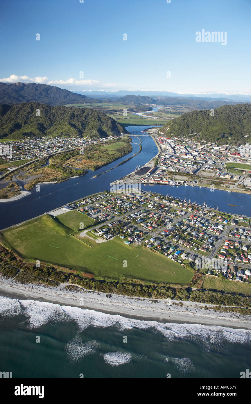 Greymouth and Grey River West Coast South Island New Zealand aerial ...