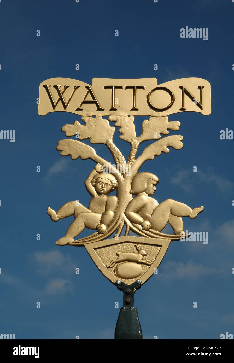 Watton town sign depicting babes in the wood, wayland, Norfolk Stock ...
