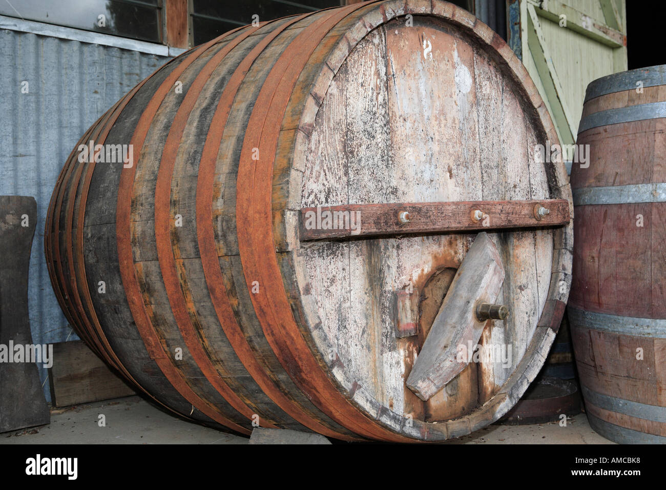 Top section, head of a large cask with door; angled side view detail ...