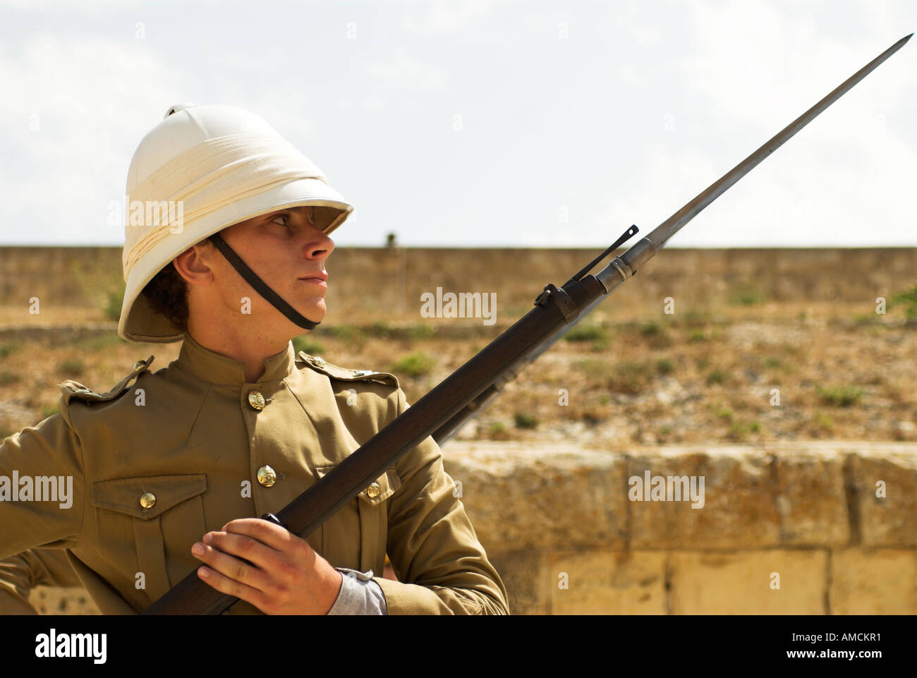 Fort Rinella malta Victorian soldier rifle weapon uniform khaki bayonet ...