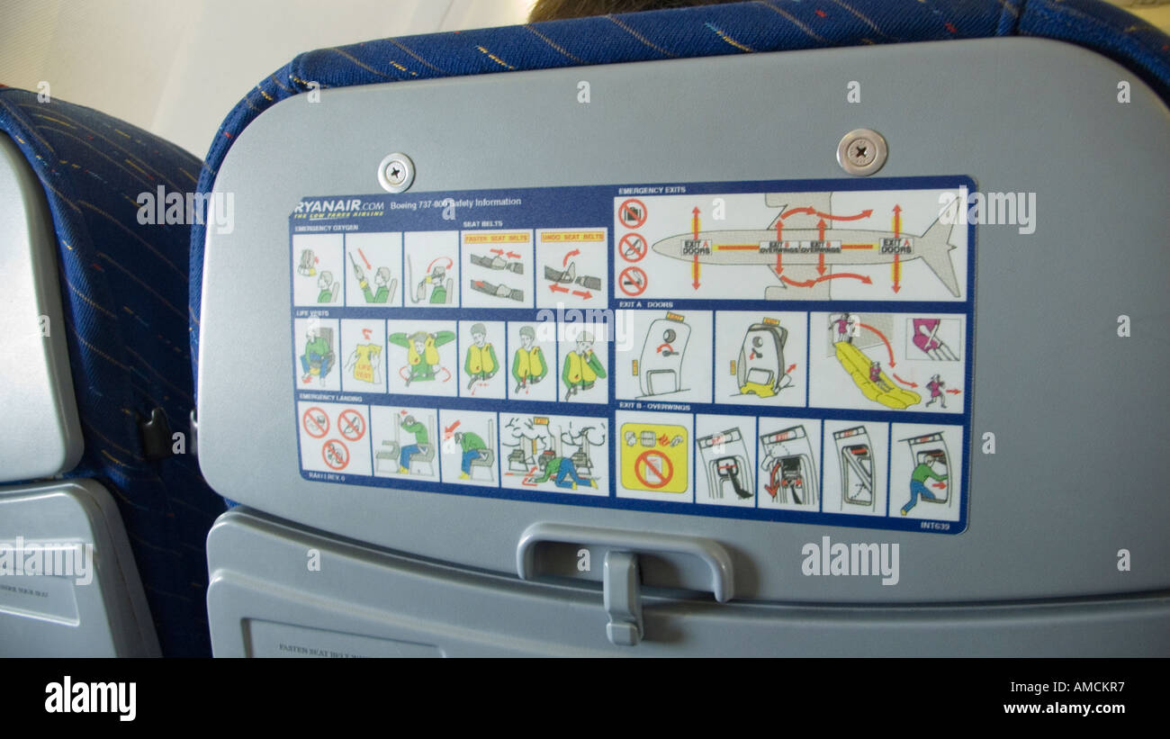 Safety instructions on the back of seat headrest on aeroplane Stock ...