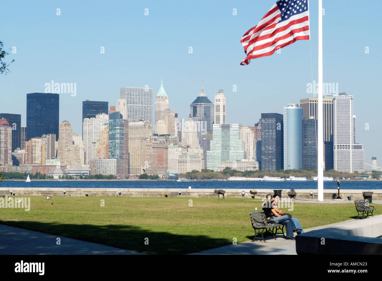 Manhattan skyline as backdrop from Ellis Island Stock Photo - Alamy
