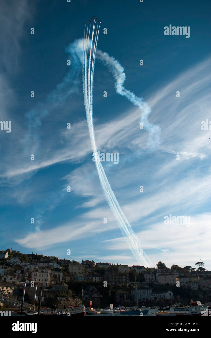 the red arrows stunt team fly upwards in formation over fowey harbour ...