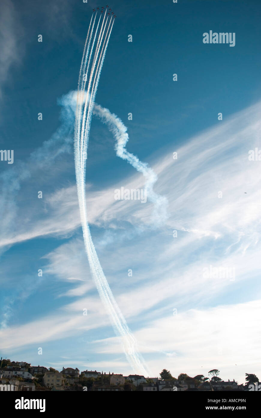 the red arrows stunt team fly upwards in formation over fowey harbour ...