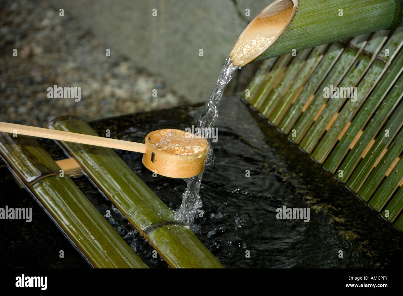 Water pouring out of bamboo into basin Stock Photo - Alamy