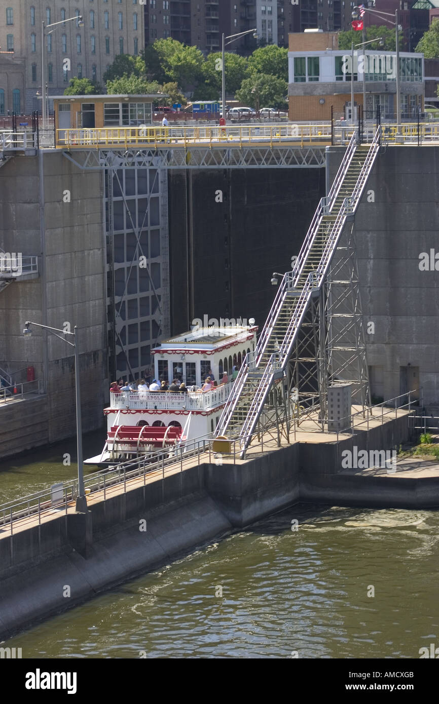 Tour boat going into a lock on the Mississippi River. Minneapolis ...