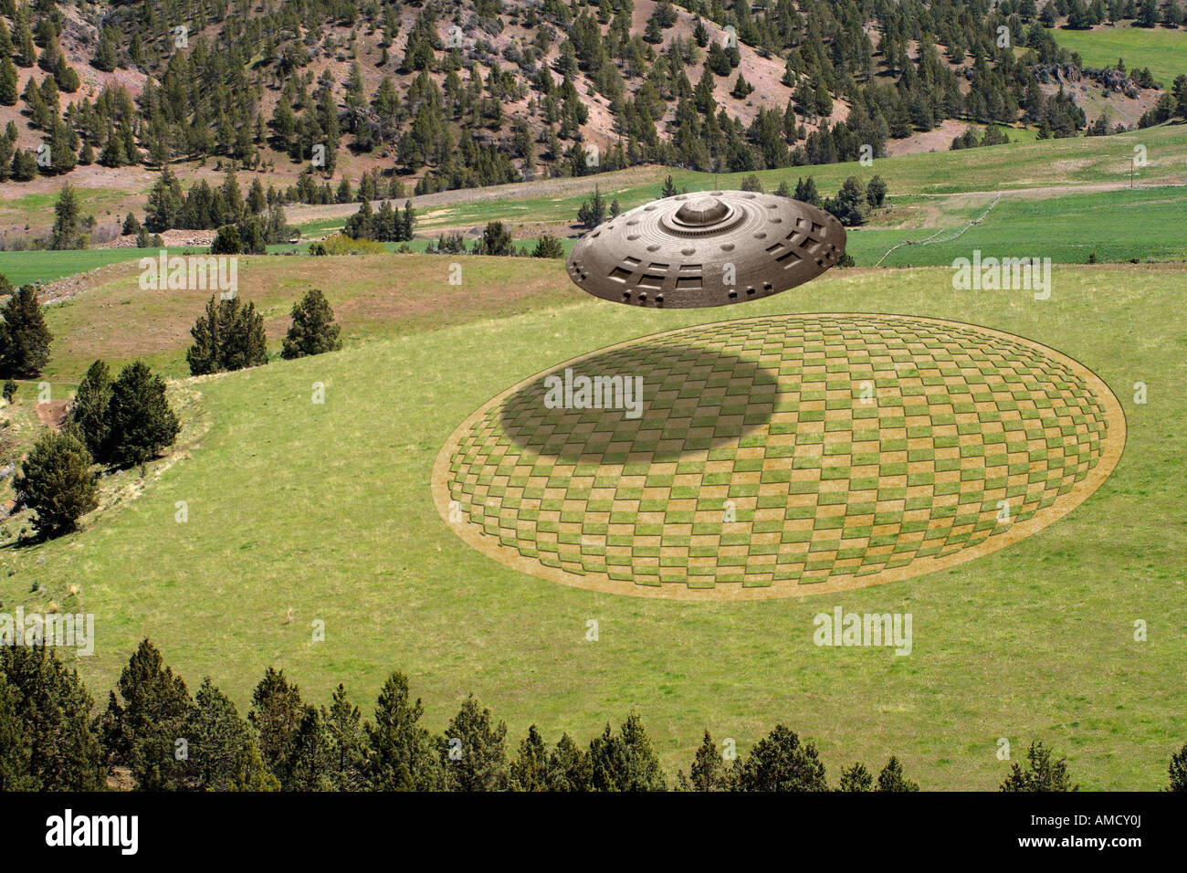 UFO flying over newly formed crop circle Stock Photo - Alamy