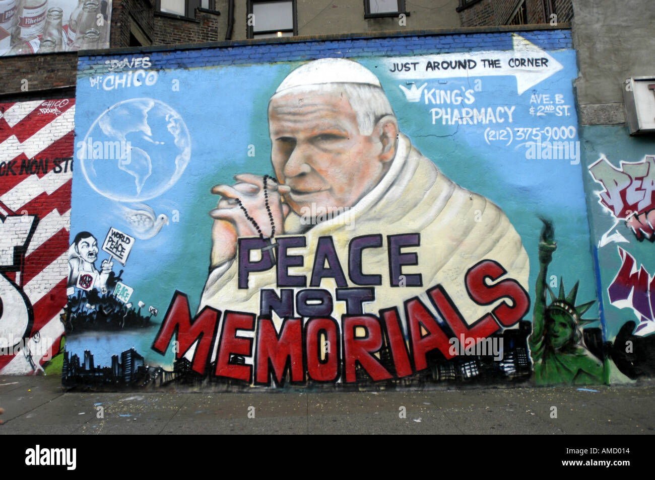 NY mural wall art grafitti graffiti Peace sign pope United States Flag ...