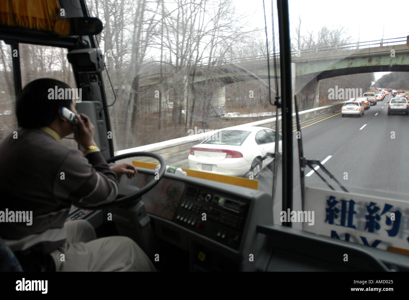 Telephone phone driver driving hand bus talking window listening ...