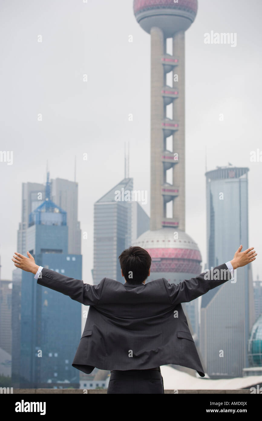 Rear view of businessman with arms up facing city skyline Stock Photo ...
