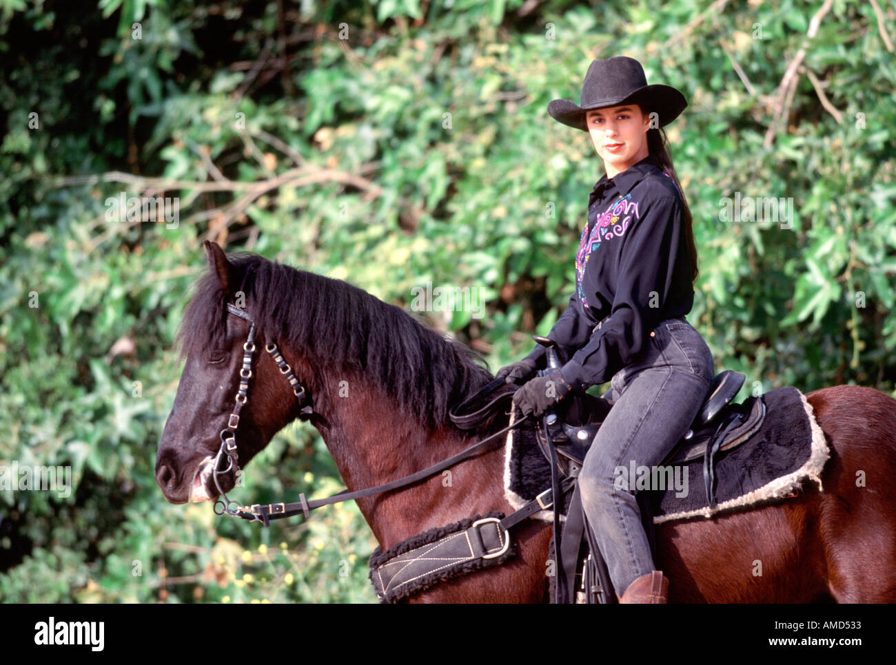 Woman on horseback riding western style Stock Photo - Alamy