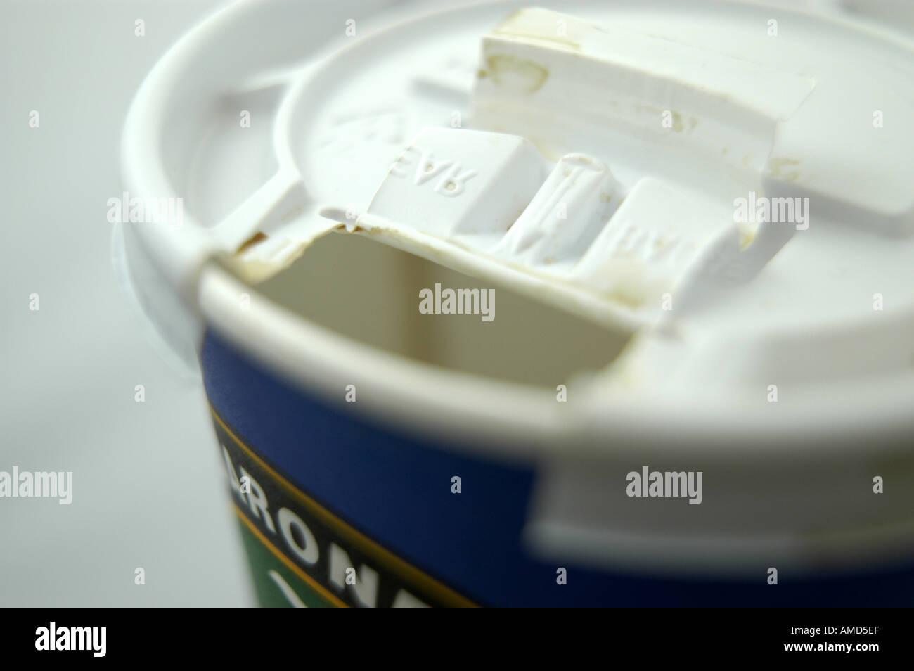 Coffee cup from above sip lid open stains inside dark blue cup Stock ...