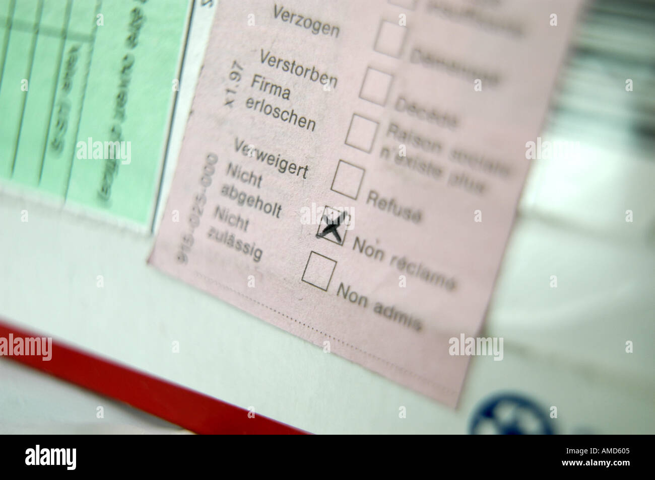 Pink and green slips of paper with check boxes mailer behind Stock ...