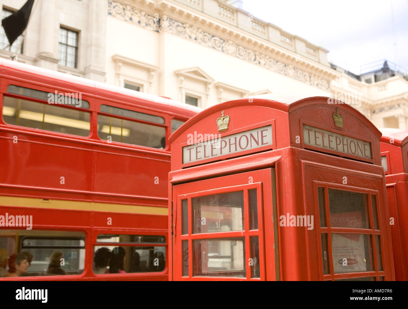 Detail of two major London symbols red bus and telephone box Stock ...