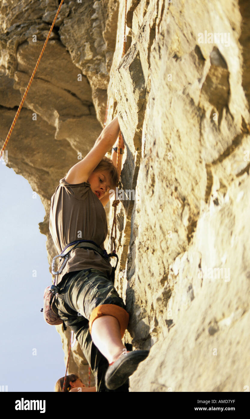 Female rock climber on "Dancing Ledge" limestone cliff Langton ...