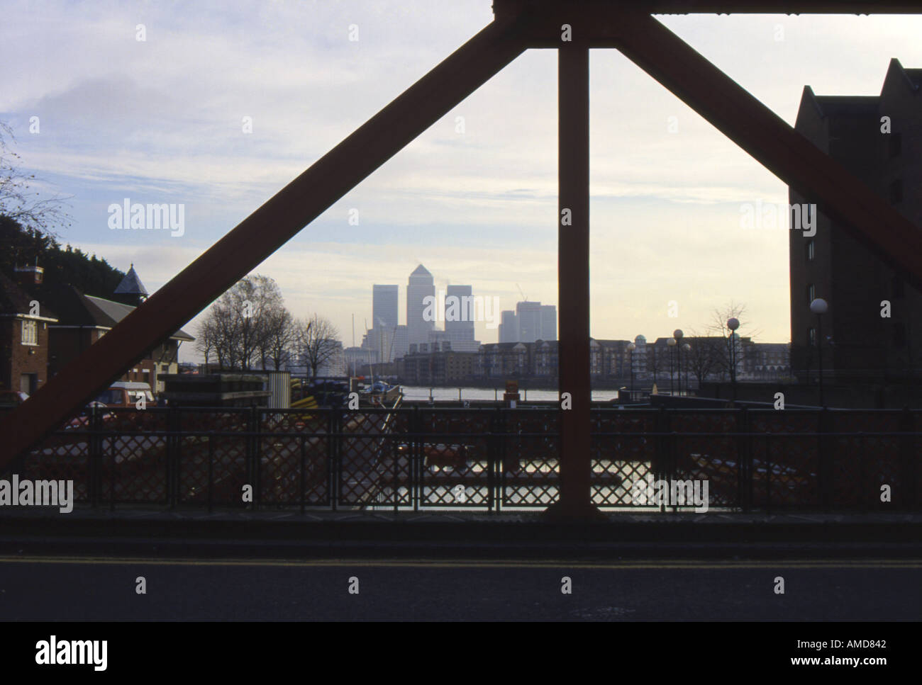 Isle of Dogs through a lifting bridge in Shadwell East London Stock ...