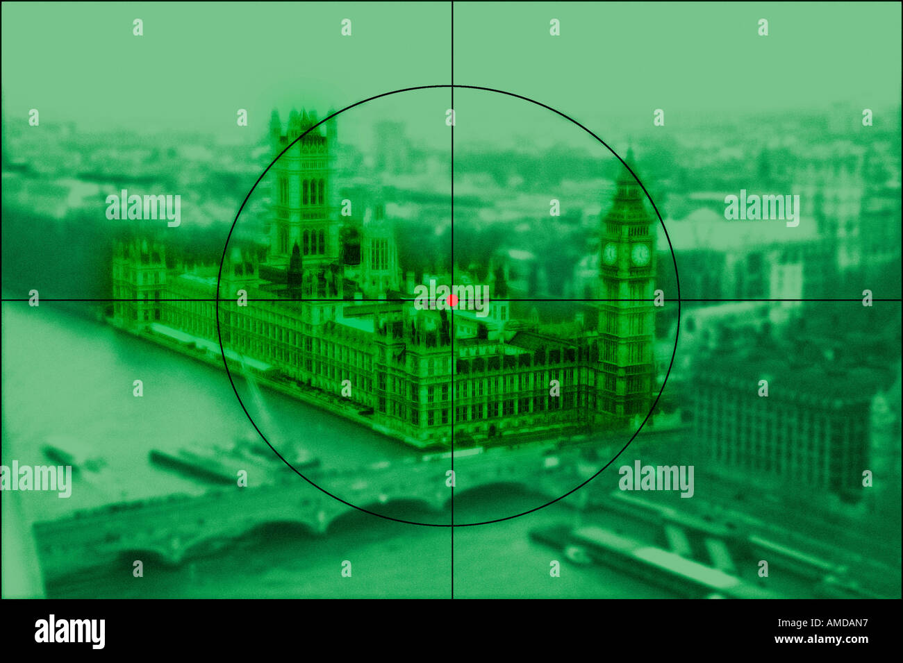 Big Ben and the Palace of Westminster seen through a weapon's night ...