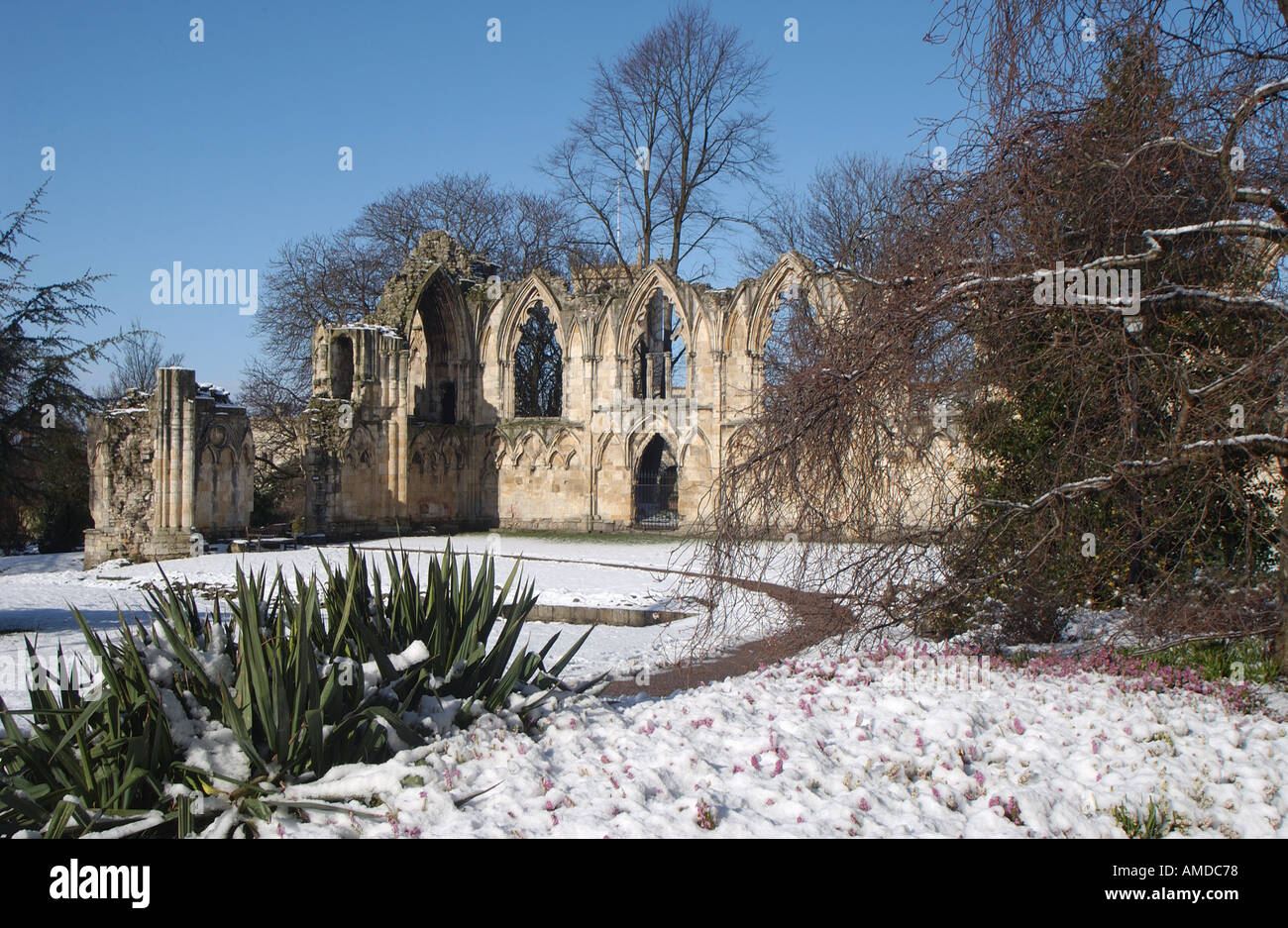 St Marys Abbey ruins in winter snow scene Museum Gardens York North ...
