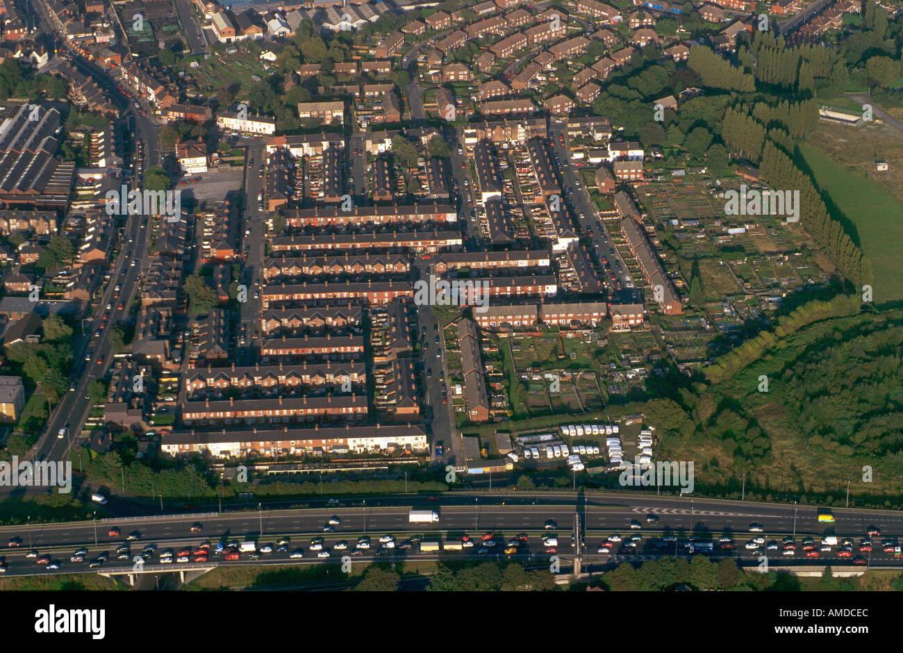 Aerial view of the M60 motorway and Manchester suburbs, GB Stock Photo ...