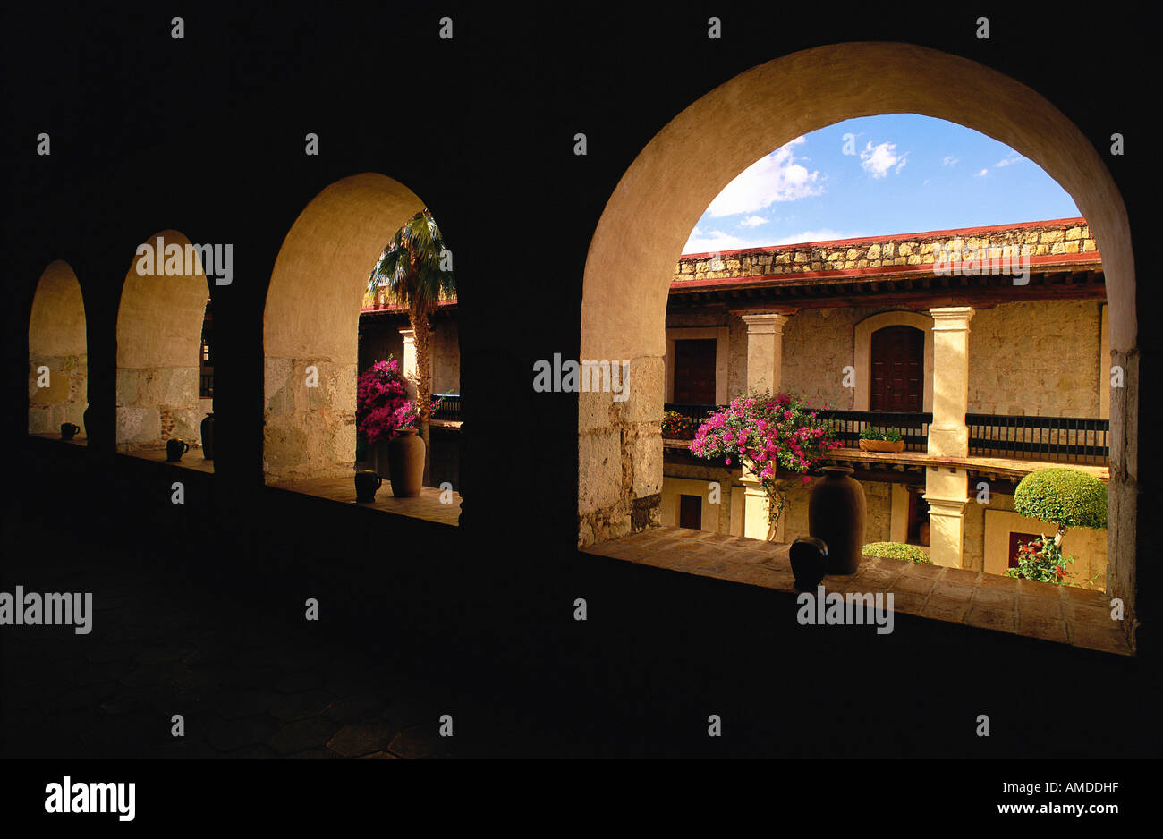 Flowers in Arched Windows, Hotel Camino Real, Oaxaca, Mexico Stock ...