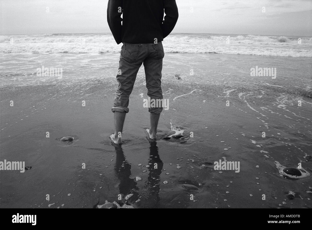 Back View of Man Standing in Surf on Beach Stock Photo - Alamy