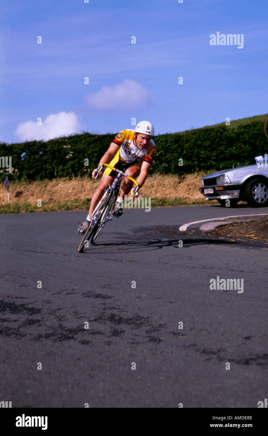 Racing cyclist cornering, Milk Race time trial, Scarborough, North ...