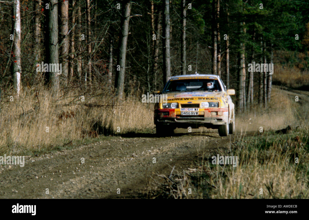 Rally car at speed, during the RAC World Championship rally, Dalby ...