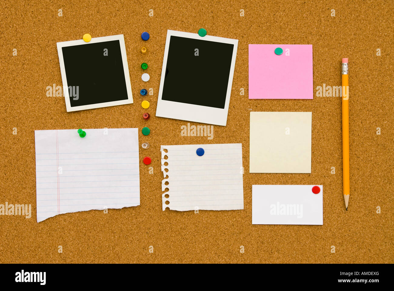 A montage of colored sticky notes and polaroid images on a cork message ...