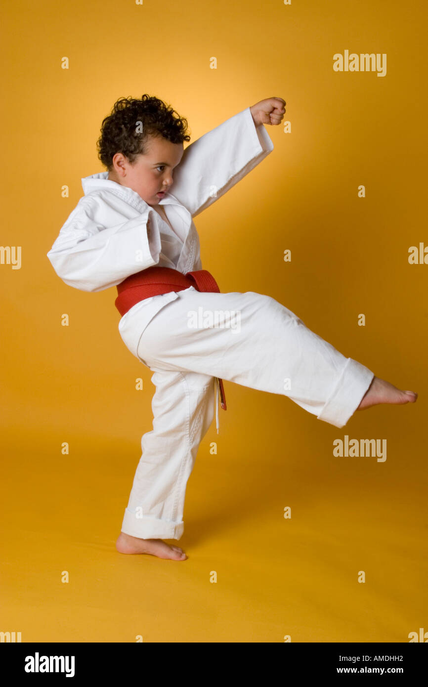 Small boy demonstrating karate stance and kick Stock Photo - Alamy