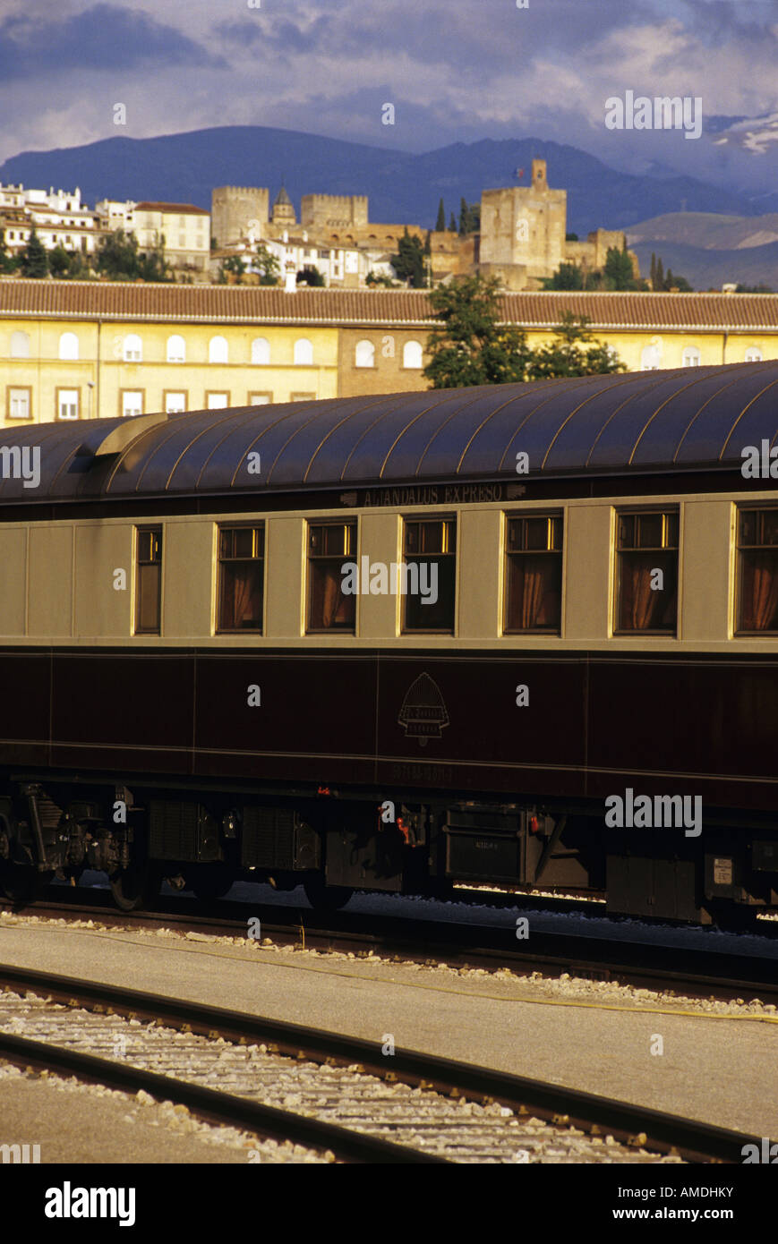 Al Andalus Express Train in Granada station with Alhambra Palace at the ...
