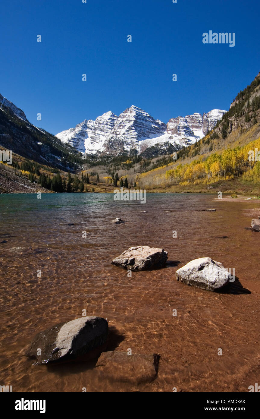 Boulders in Maroon Lake and Autumn Aspens with Maroon Peak Behind ...