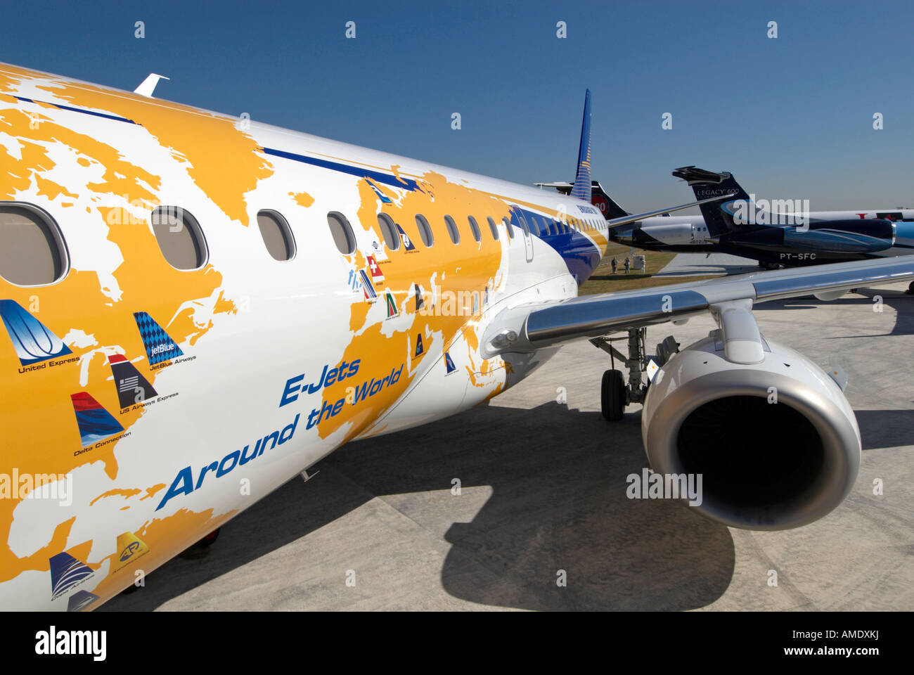 Embraer 190 wing / engine / fuselage Farnborough Air Show 2006 Stock ...