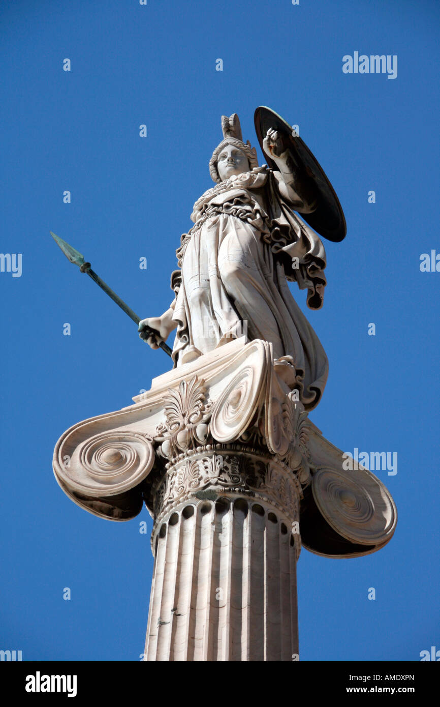 landmarks of athens the statue of goddess athena from below angle Stock ...