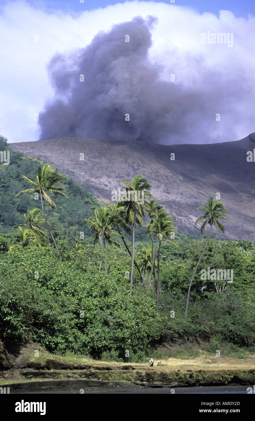 Mount Yasur volcano erupting and palm trees from Sulpher bay Tanna ...