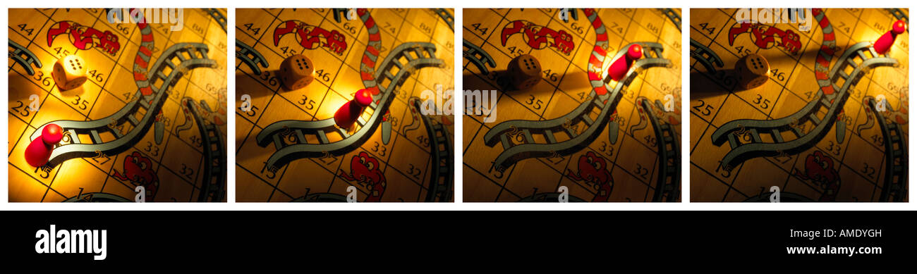 FOUR PICTURE SEQUENCE OF SNAKES AND LADDERS GAME BOARD SHOWING ...