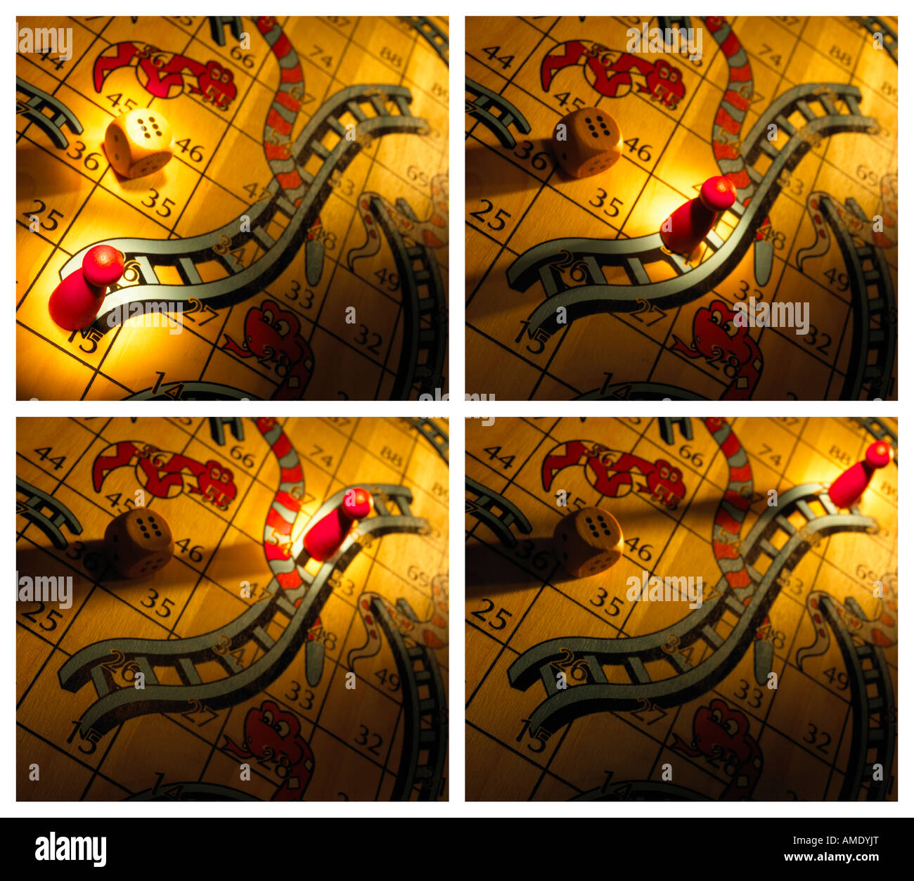 FOUR PICTURE SEQUENCE OF SNAKES AND LADDERS GAME BOARD SHOWING ...
