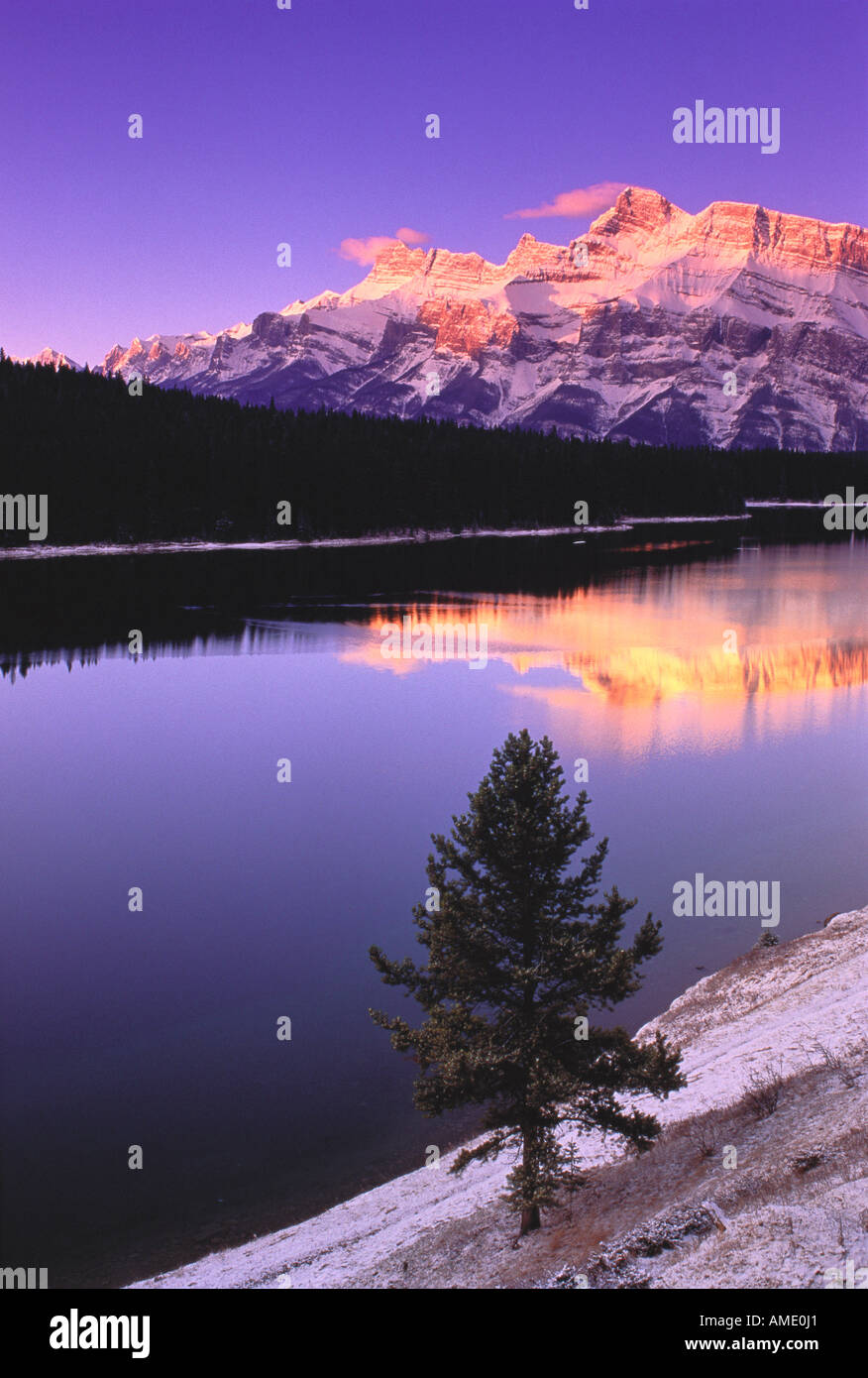 Sunset over Two Jack Lake Mount Rundle, Banff National Park Alberta ...