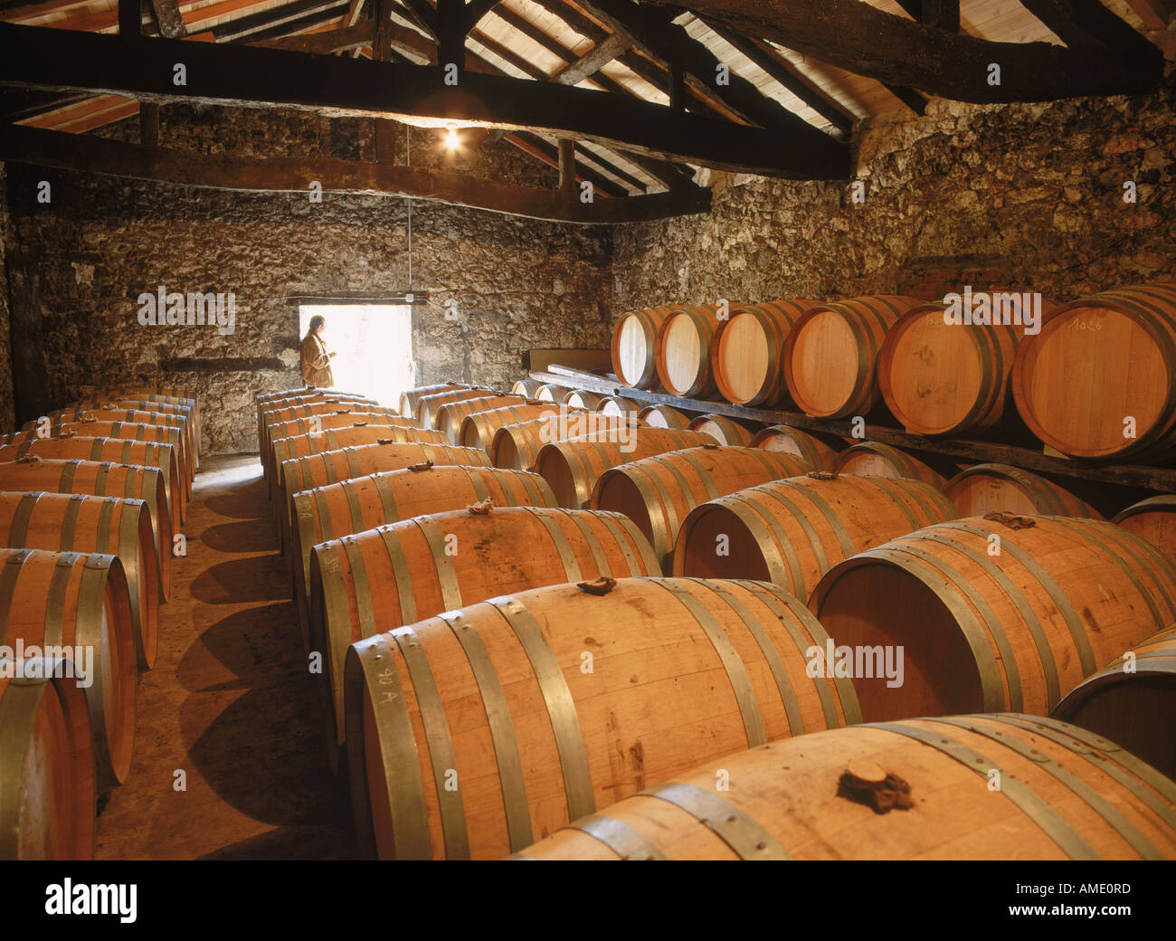 Barrels of French armagnac with chateau owner at small cellar in ...