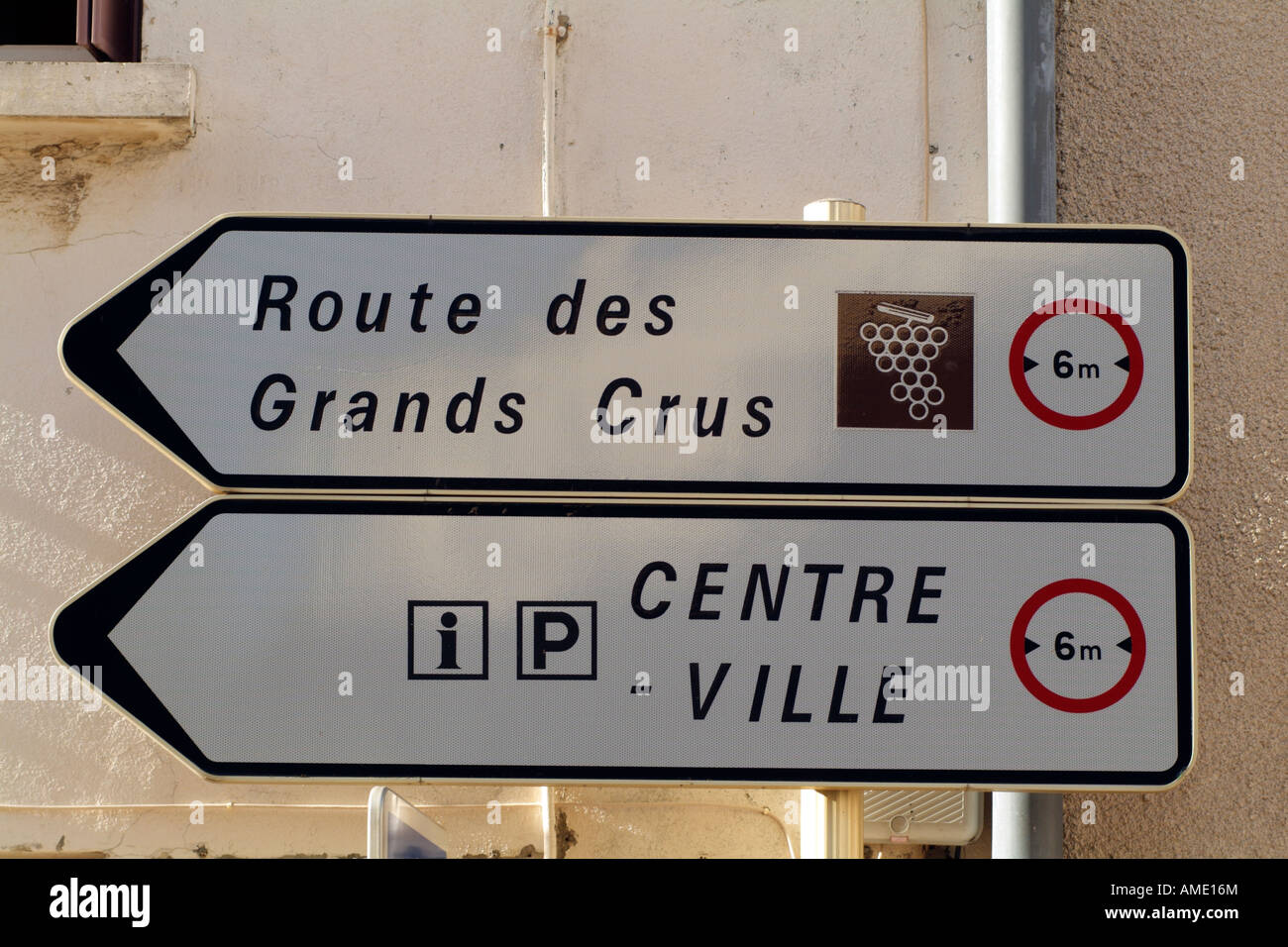French Road Signs for Town Centre and Tourist Wine Route Stock Photo ...
