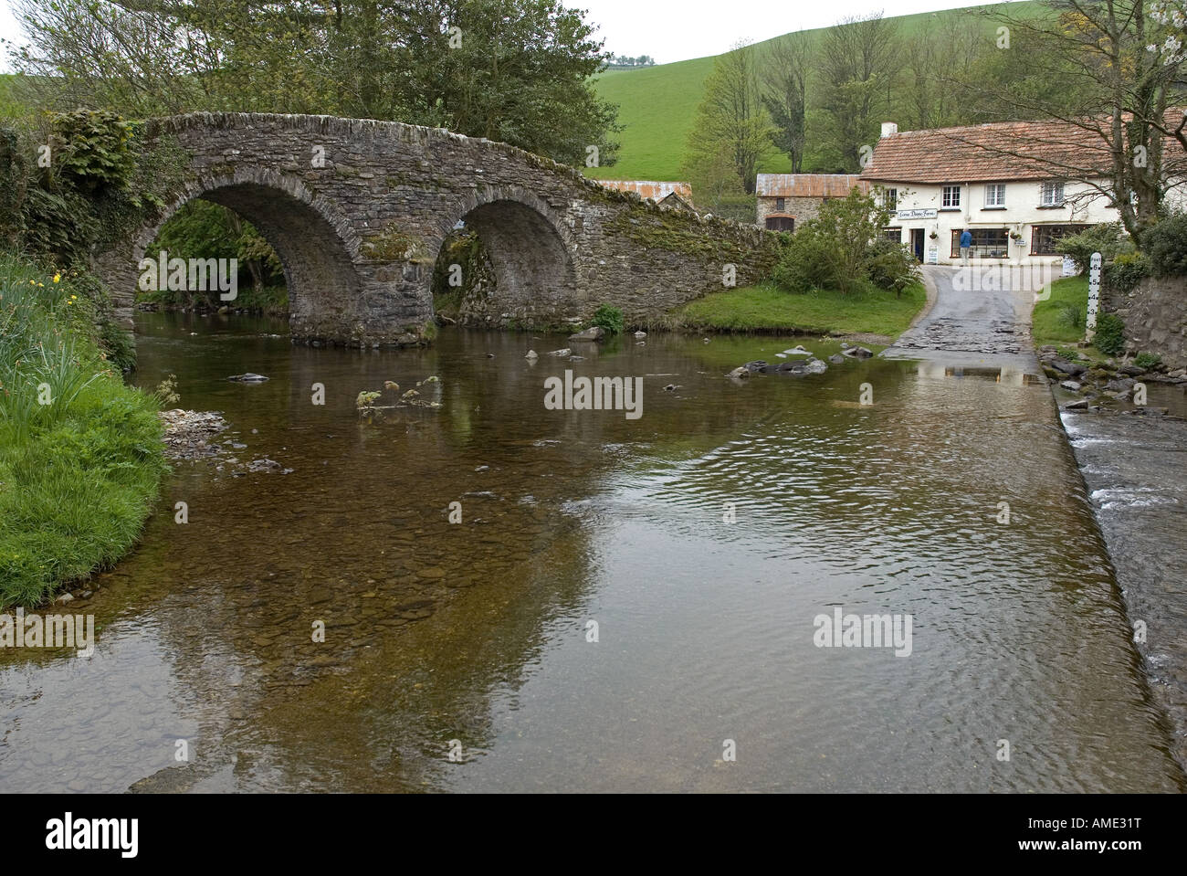 Bridge and ford across Badgworthy Water at Malmsmead, Exmoor Stock ...