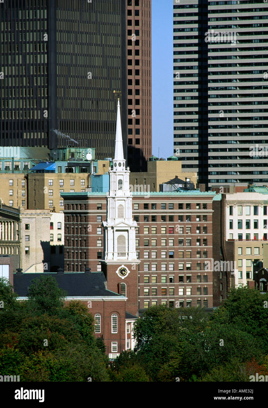 Park Street Church steeple with the modern Boston skyline as a backdrop ...